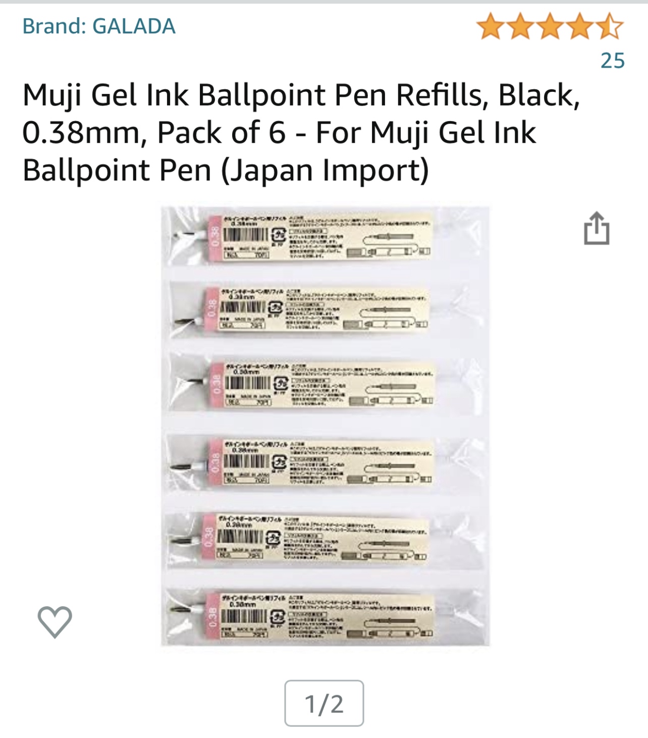 Muji Gel Ink Ballpoint Pen Refills, Black, 0.38mm, Pack of 6 - For Muji ...