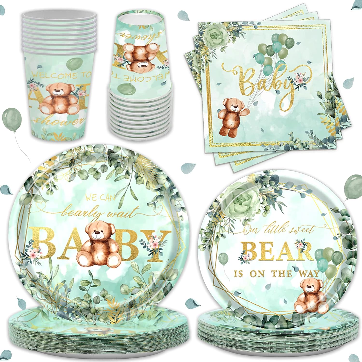 Amazon.com: Oigco 96pcs Teddy Bear Baby Shower Paper Plates Napkins ...