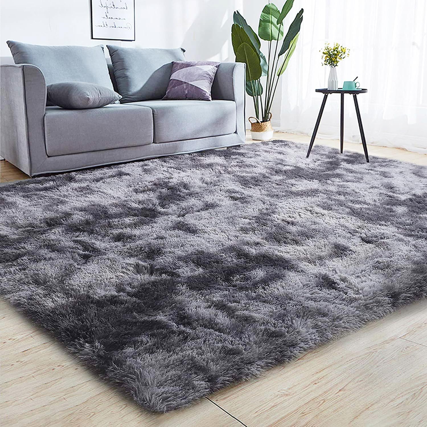 GJWLaie Rugs Living Room Grey Area Rugs Bedroom Soft Shaggy Tie-Dye ...