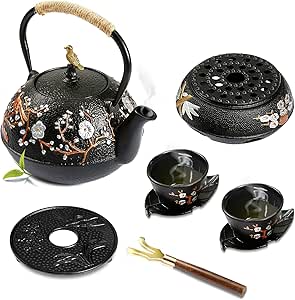 Amazon.com: WICHEMI Japanese Teapot Set 720ml/24.5oz, Cast Iron Tea Kettle with Warmer Infuser ...