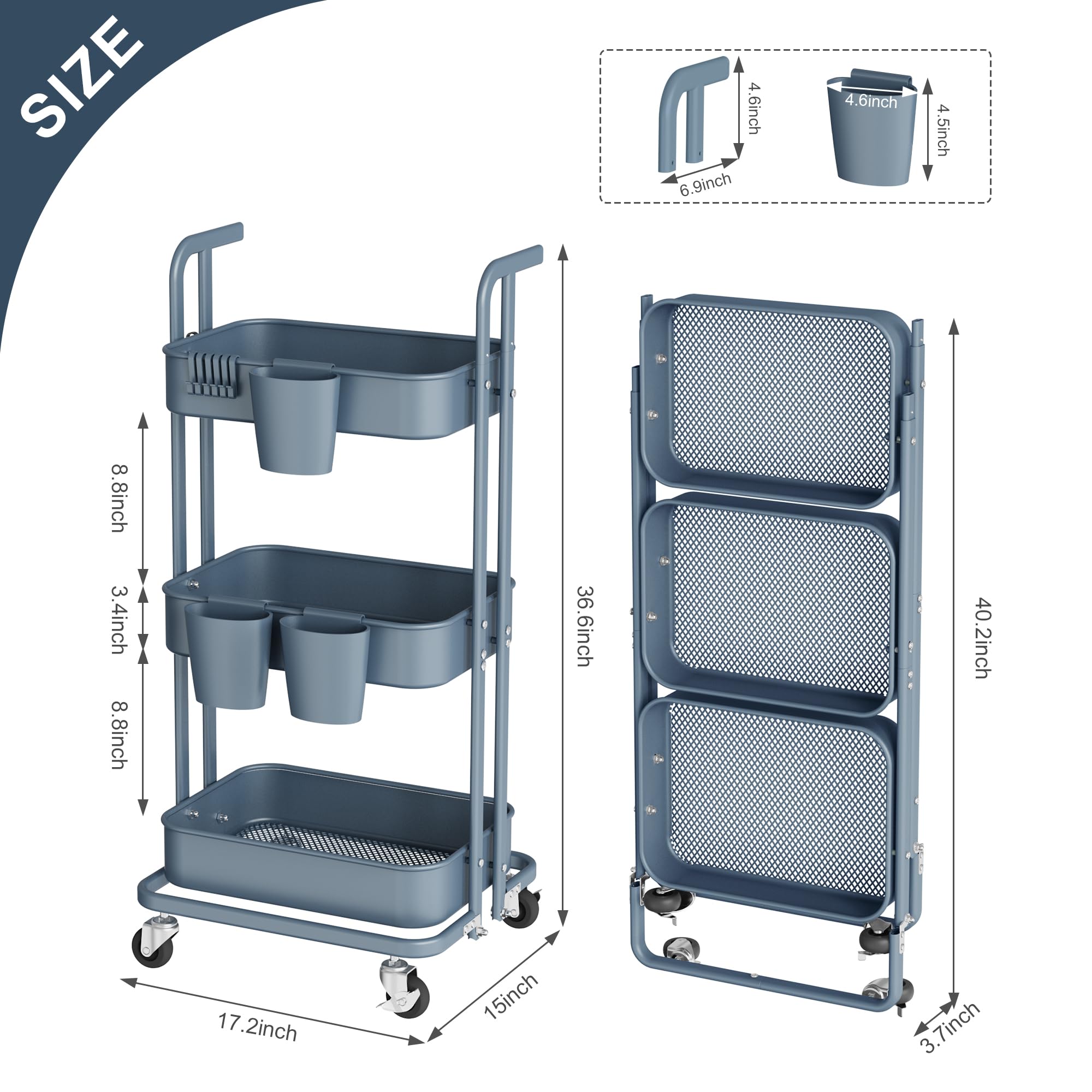 Snapklik.com : DTK 3 Tier Foldable Rolling Cart, Metal Utility Cart
