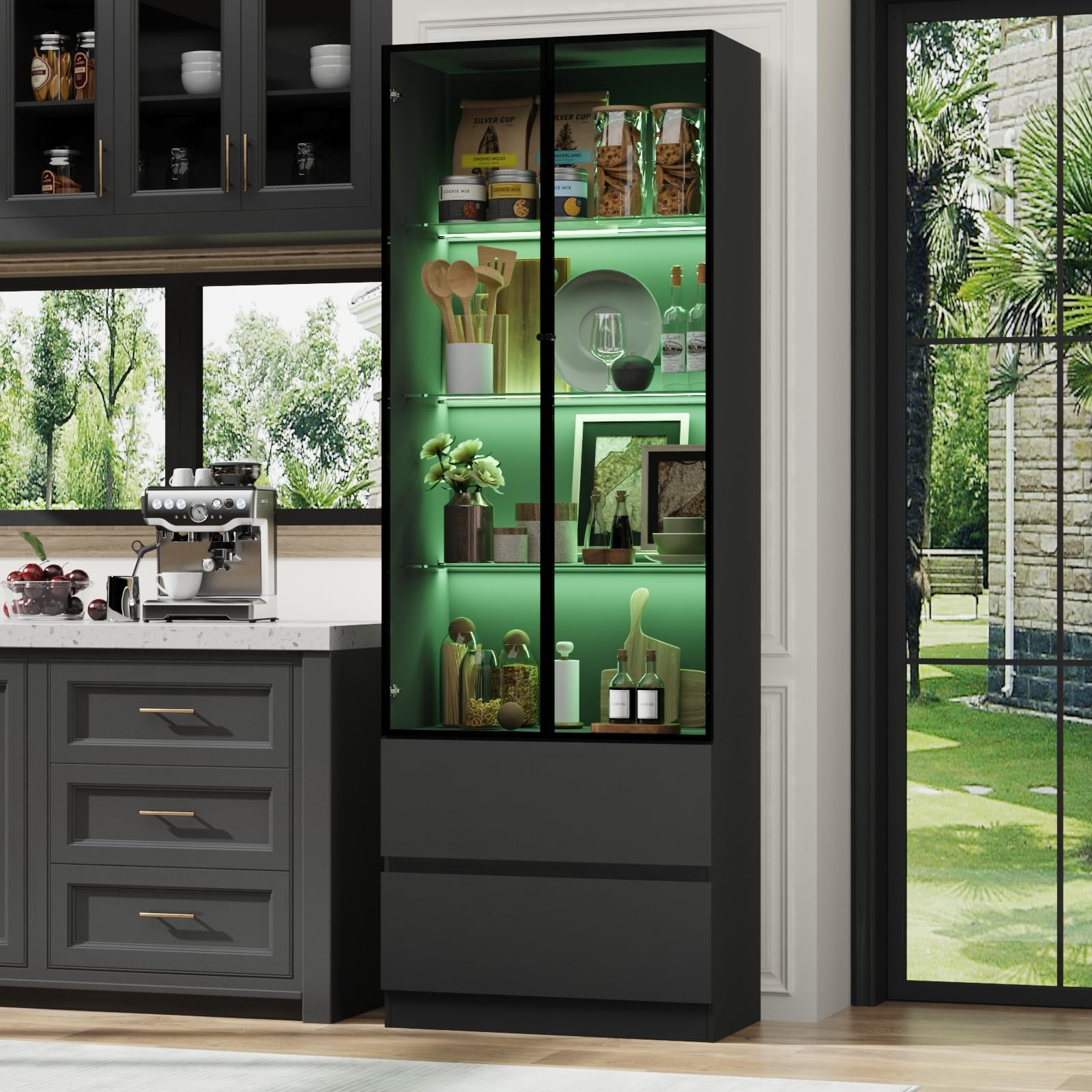 Amazon.com - LIVAUVEAD Kitchen Pantry Cabinet, 78.7" Tall Glass Display ...