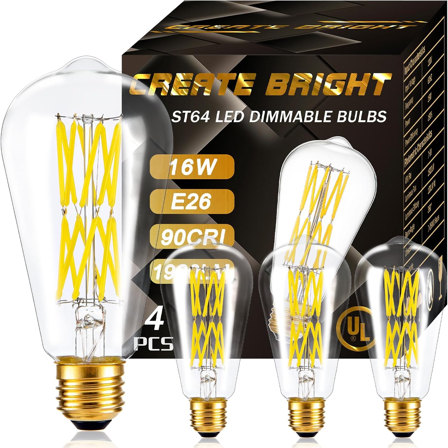 CREATE BRIGHT 16W Dimmable ST64 Led Bulbs 5000K Daylight White Light Bulbs with 90+ CRI, E26 ...