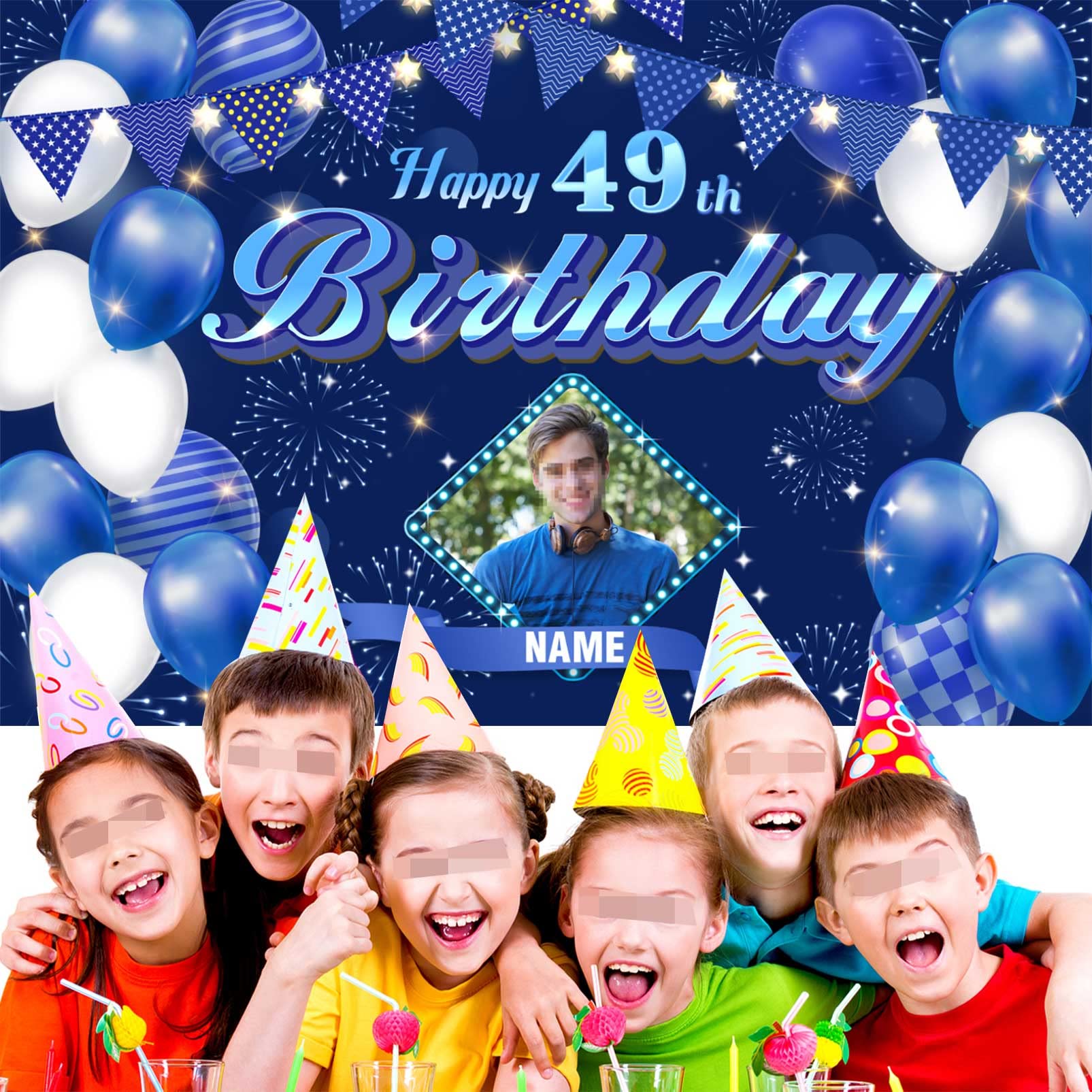 Snapklik.com : Custom Navy Blue Happy 49th Birthday Decorations Backdrop