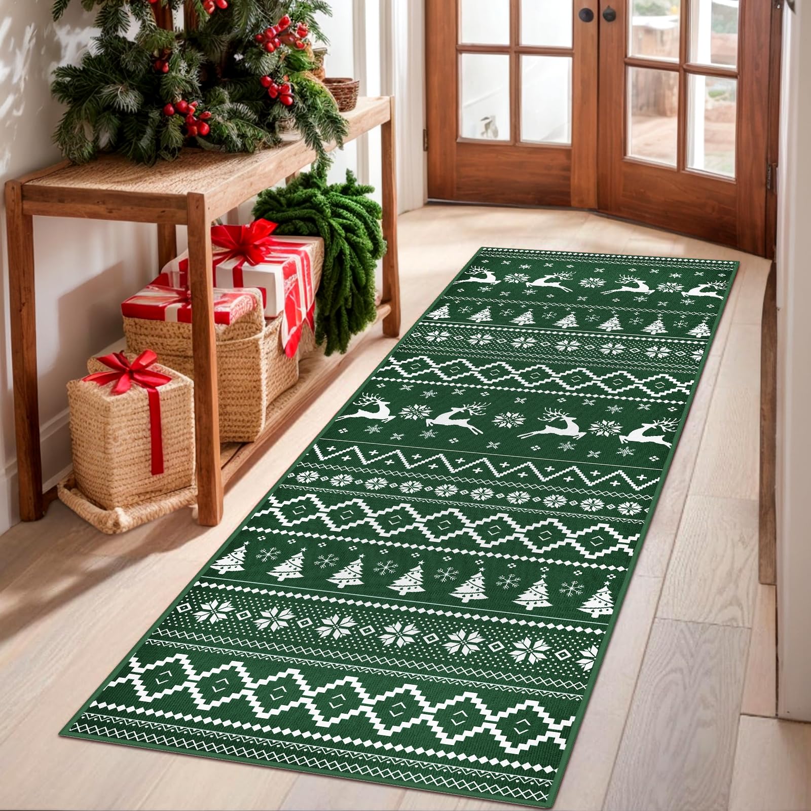 Capslpad Green Christmas Runner Rug 2 x 6 Christmas Snowflakes Trees ...