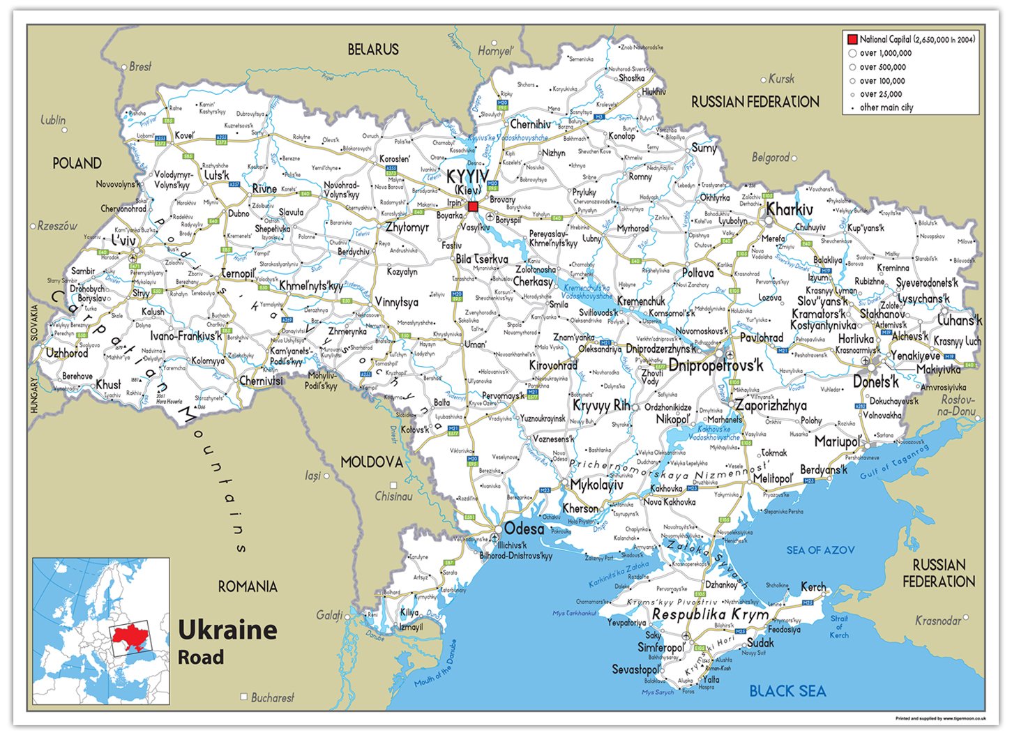 Road Map of The Ukraine - Size A2-59.4 x 42cm - Paper Laminated ...