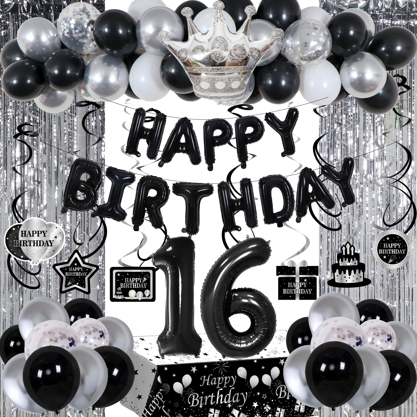 Amazon.com: Black and Silver 16th Birthday Decorations for Boys Girls ...