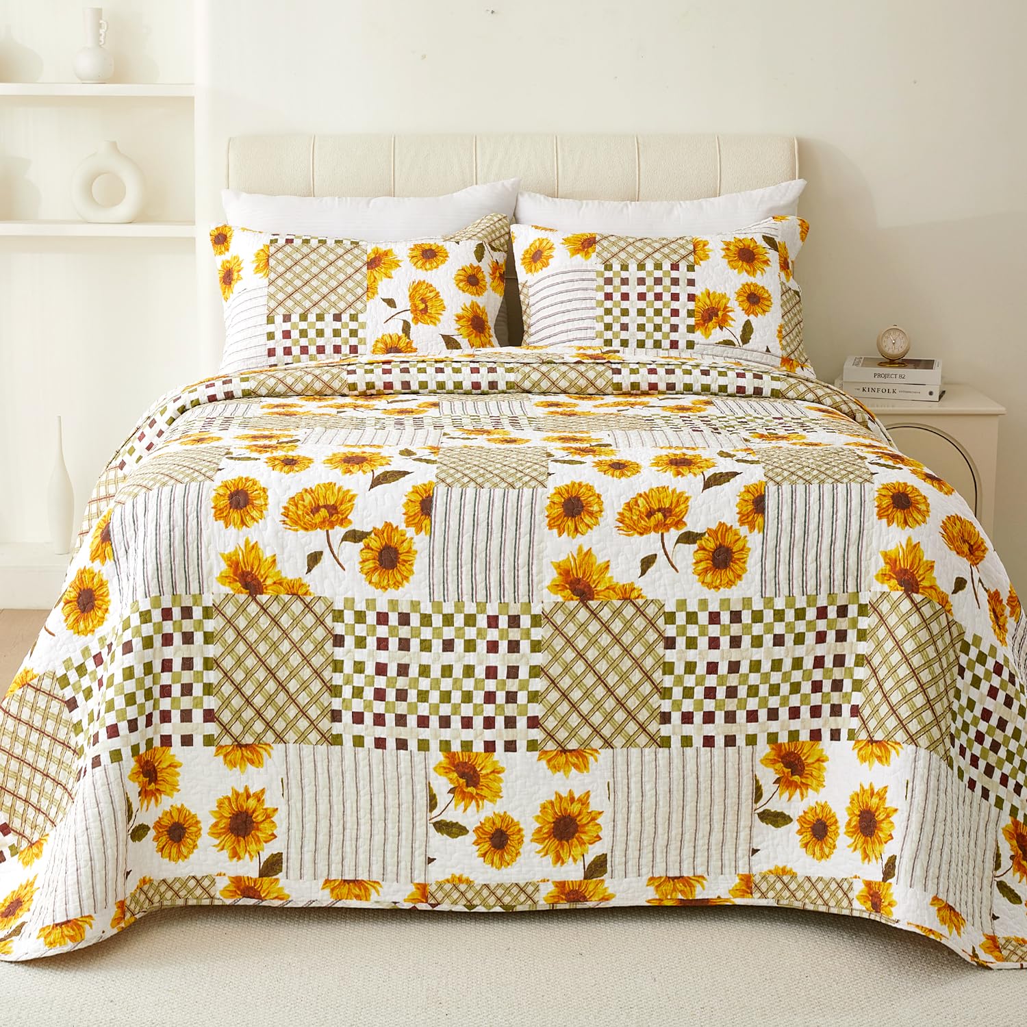 EVENHUG 100% Cotton Quilt Queen Size Orange Sunflower Bedding Set ...