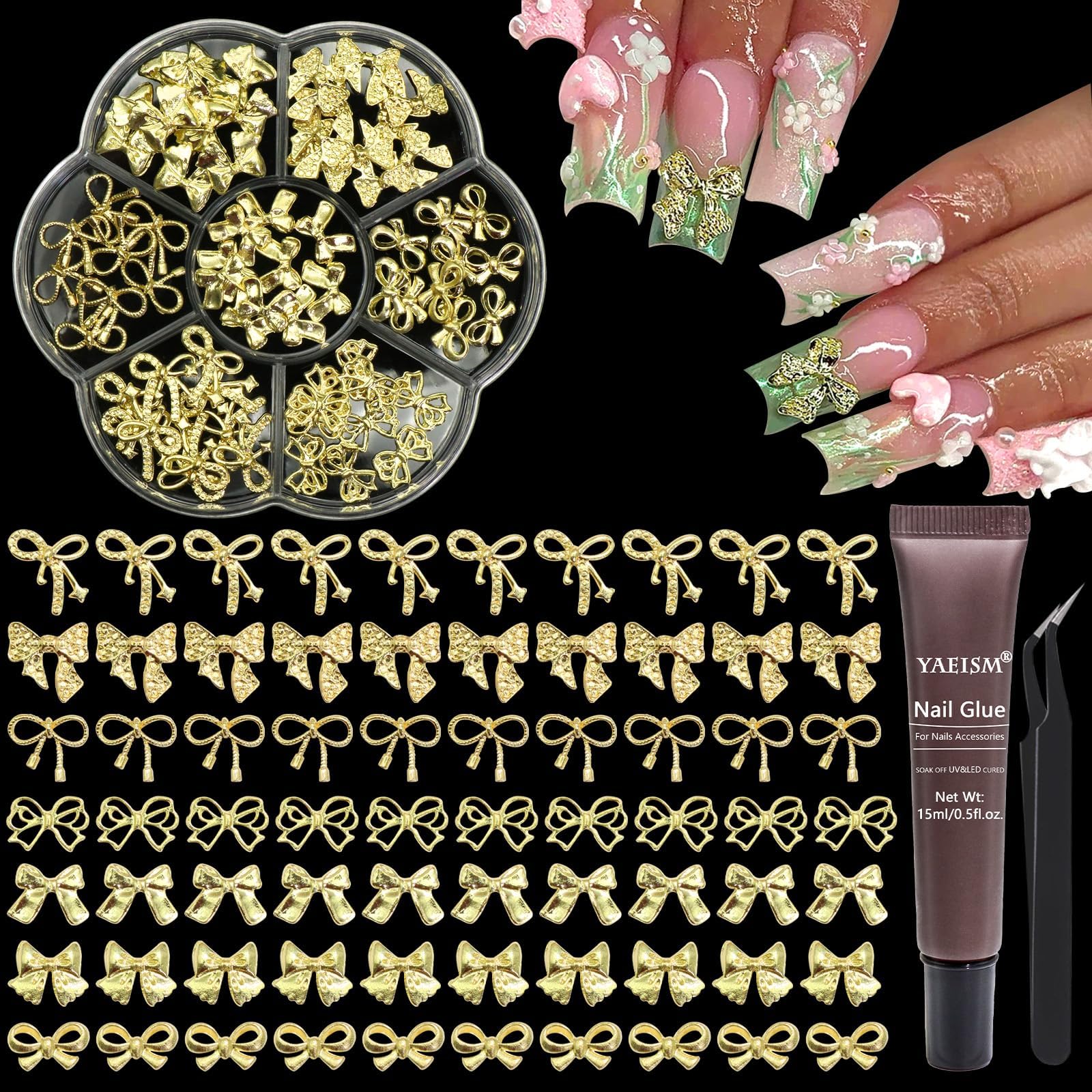Amazon.com: 30Pcs Gold Bow Nail Charms 3D Alloy Nail Art Charms Cute ...