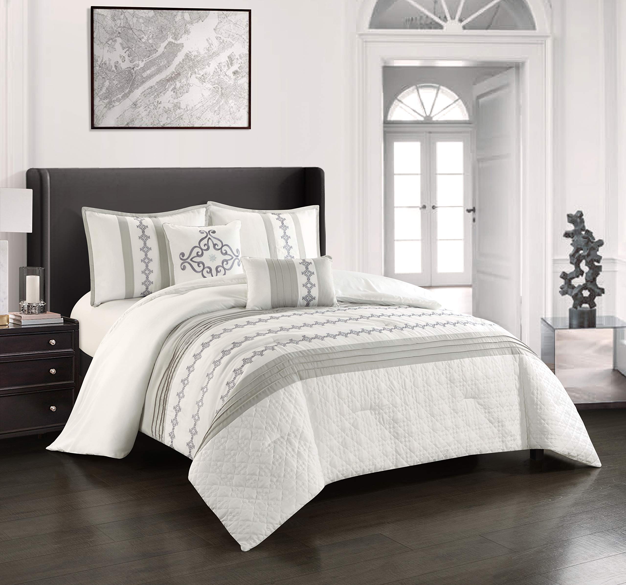 Amazon.com: Grand Avenue White King Size Comforter Set, Embroidery 5 ...