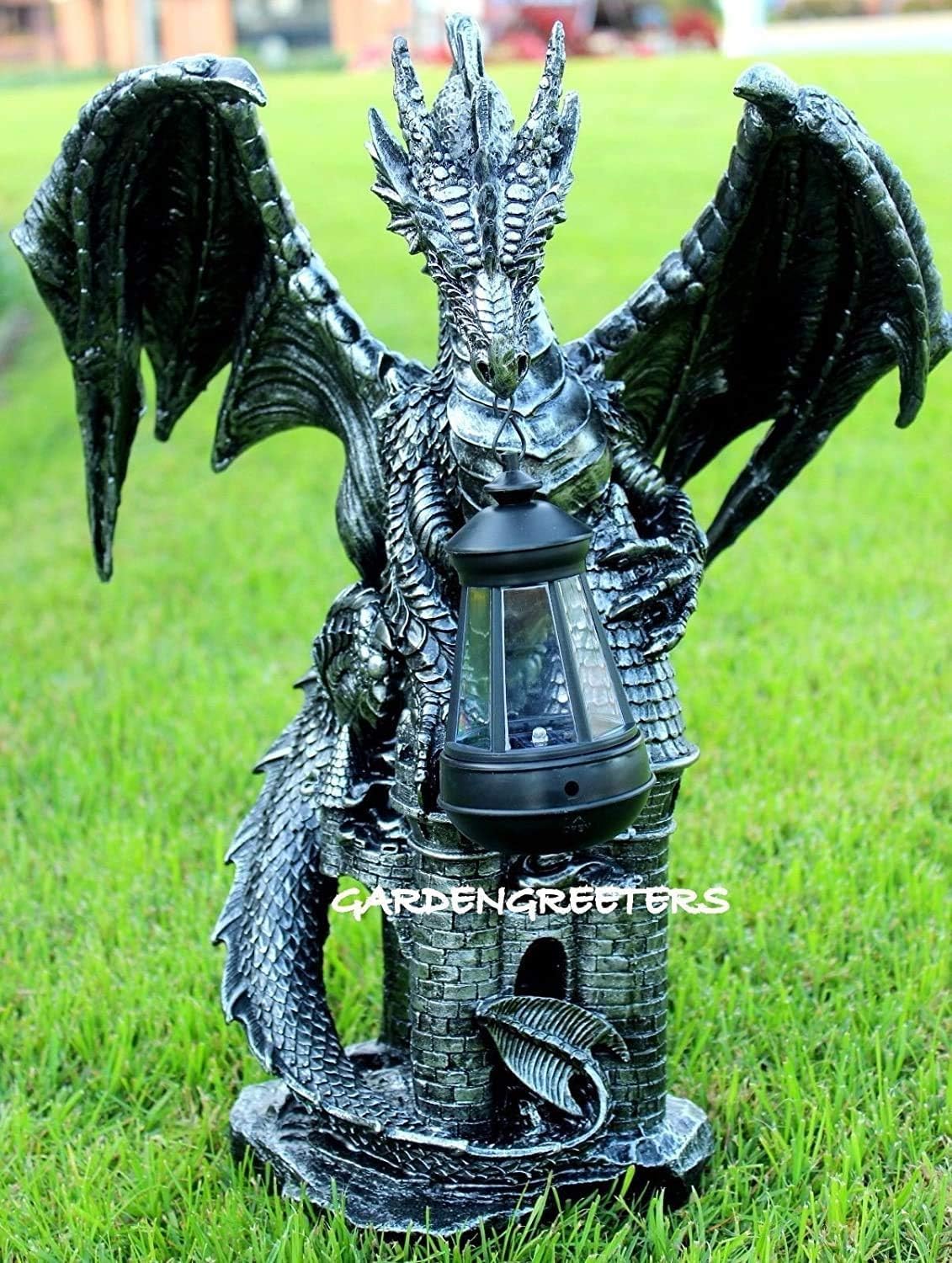 Amazon.com : GARDENGREETERS Dragon Statue with Solar Light Lantern ...
