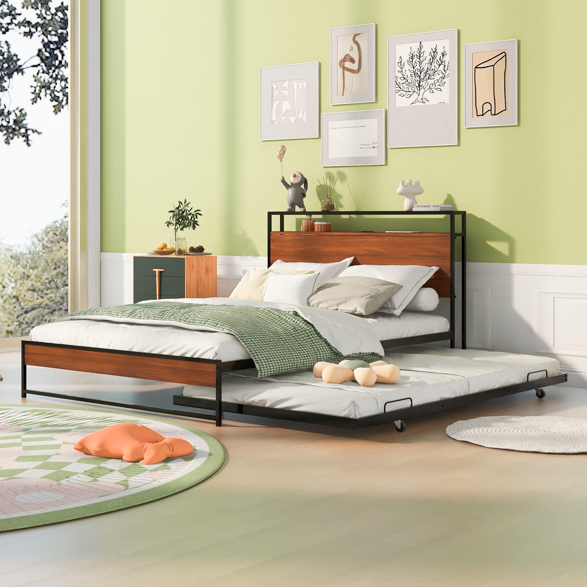 Amazon.com: Full Bed Frame with Trundle and Outlet & USB Ports Metal ...