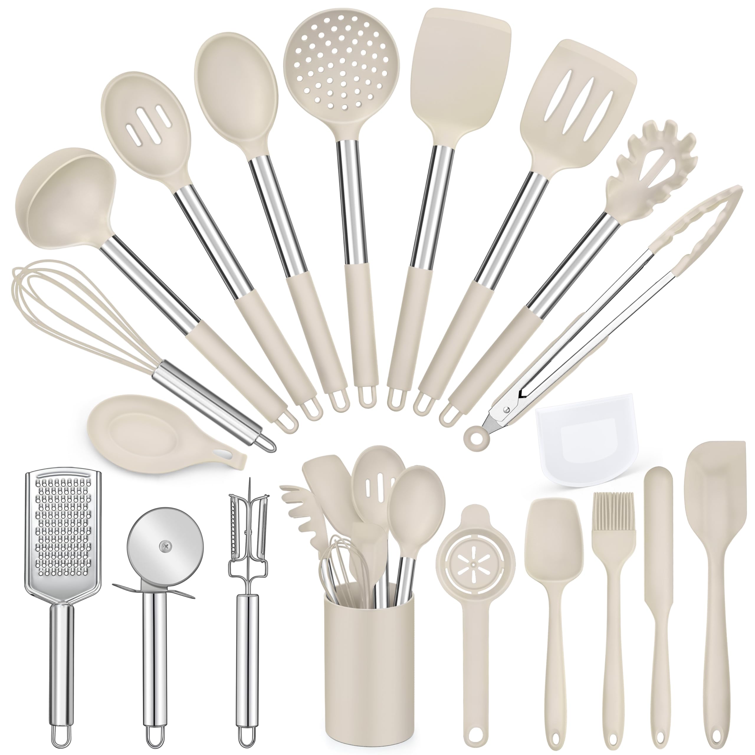 Amazon.com: 20Pcs Silicone Kitchen Utensils Set, P&P CHEF Khaki Cooking ...