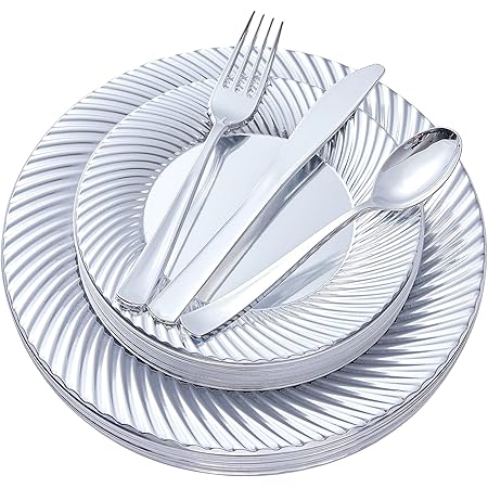 Amazon.com: Lullaby 250pcs Silver Plastic Plates with Silver Plastic ...