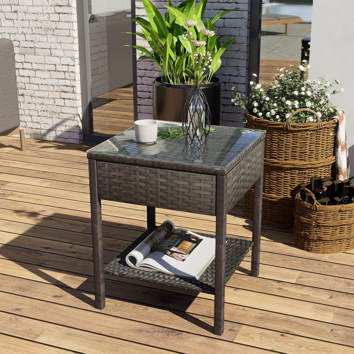 Amazon.com: Outdoor Wicker Glass Top Side Table, Multi-Purpose End ...