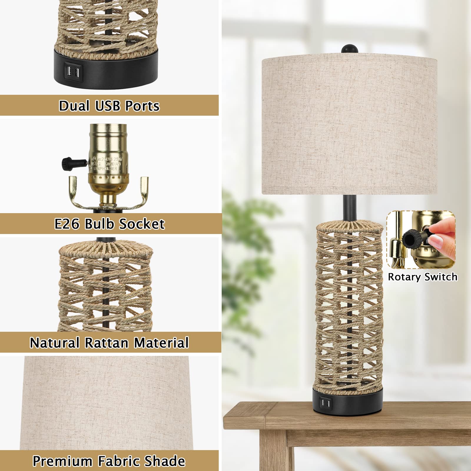 VerRon Rattan Table Lamps Set of 2, Dual USB Ports Bedside Lamps with ...