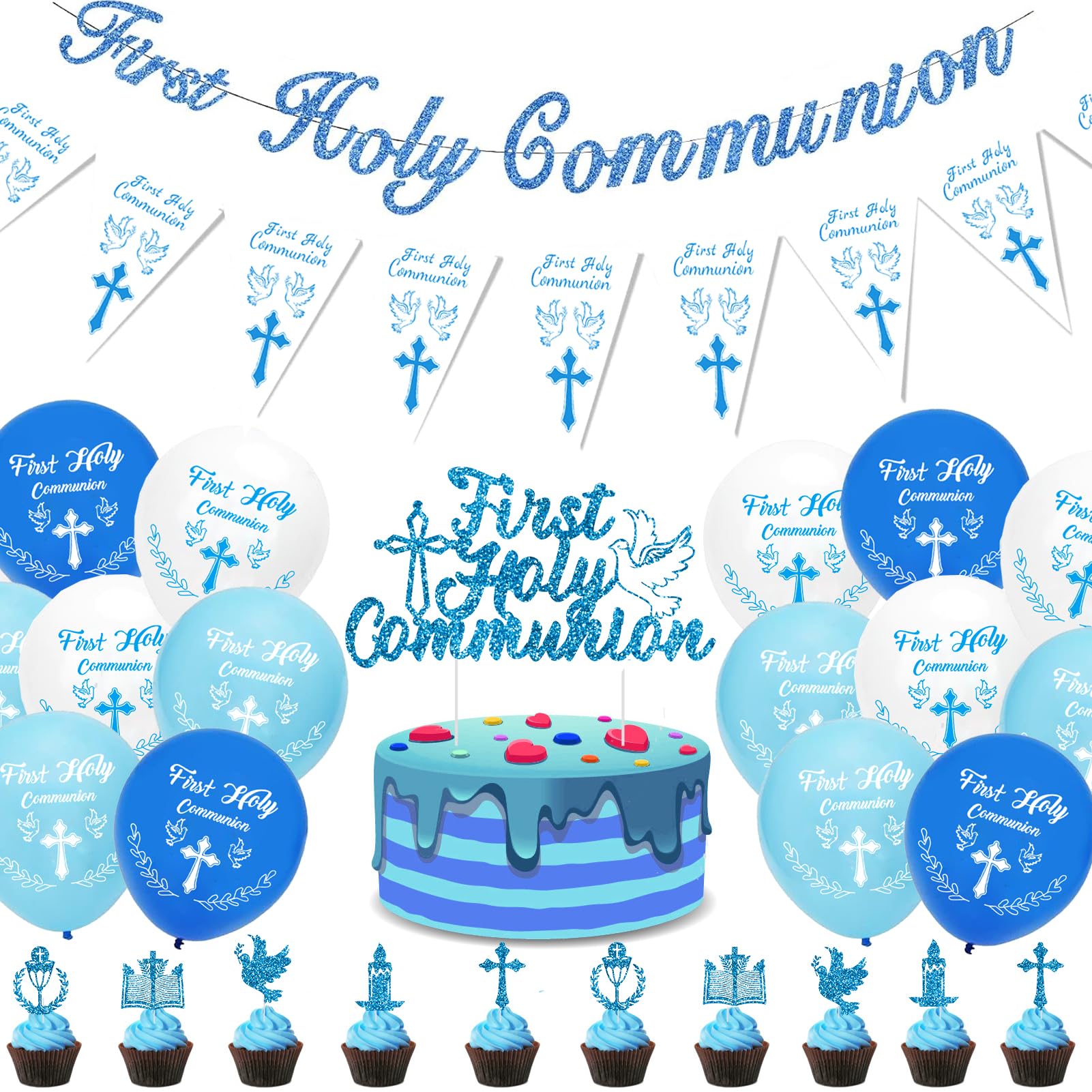 Blue Holy Communion Decorations, 25pcs Boy First Communion Decorations ...