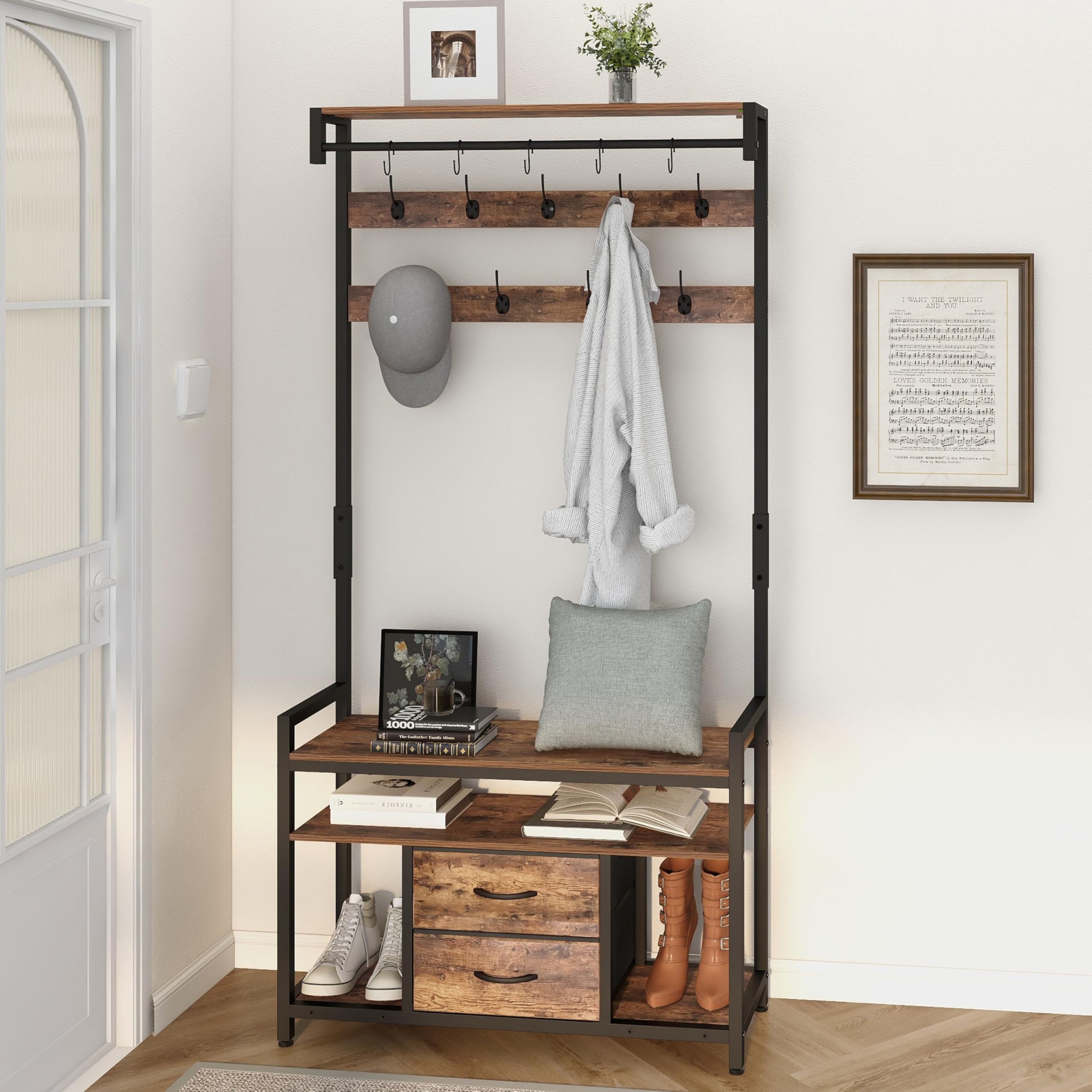 Amazon.com: ROOMTEC Coat Rack with Bench Shelf Hooks, Entryway Hall ...