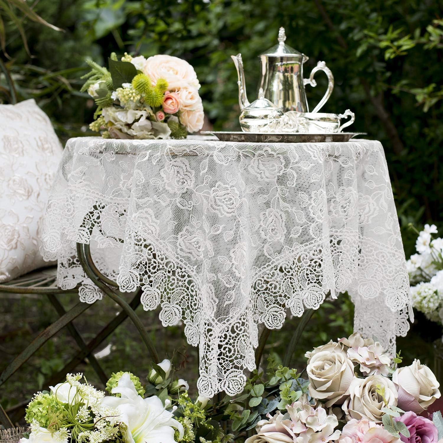 Amazon.com: patdrea Vintage Ruffle Tablecloth for Square Tables ...