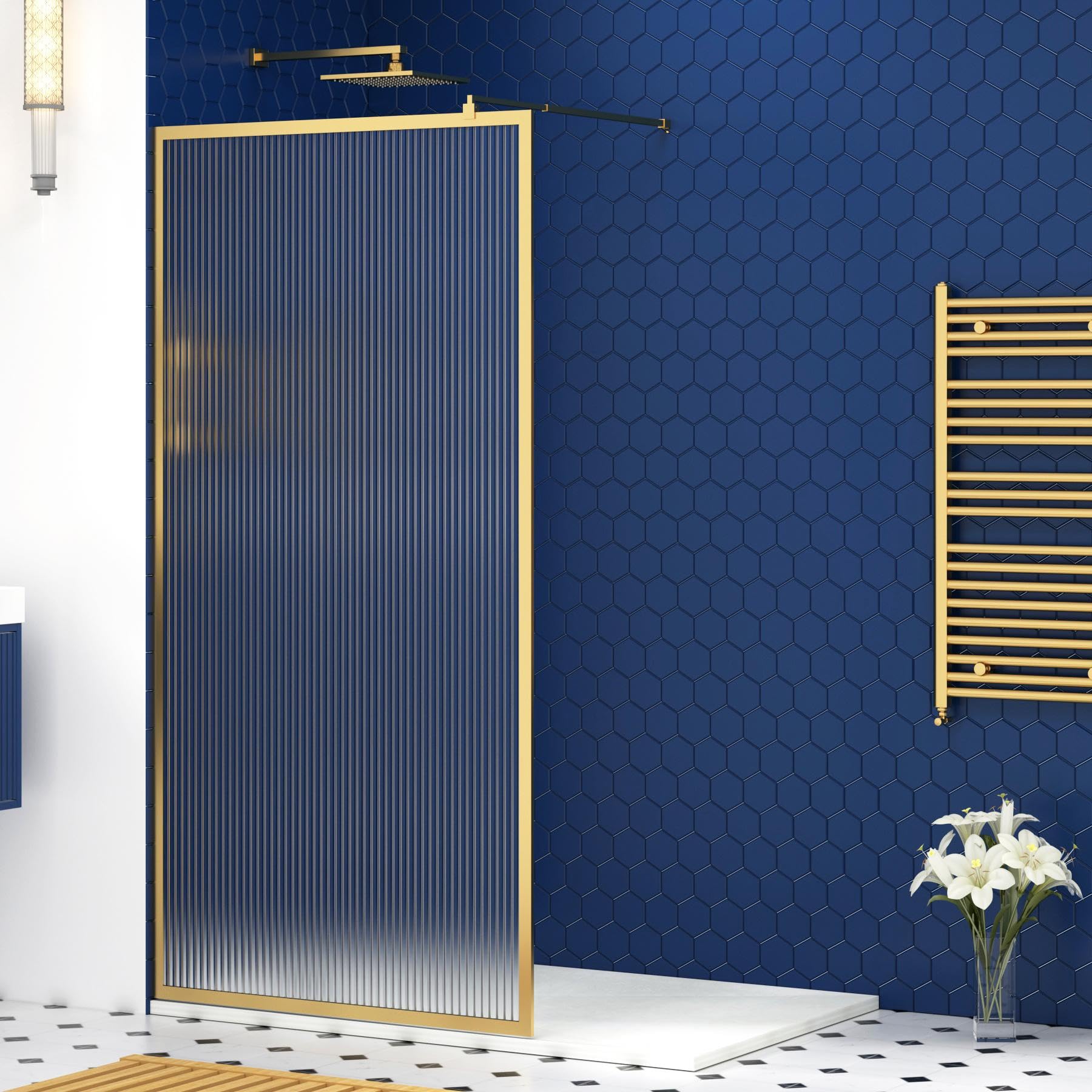 Luxor 700mm Walk in Wet Room Fluted Shower Screen with Brass Frame ...