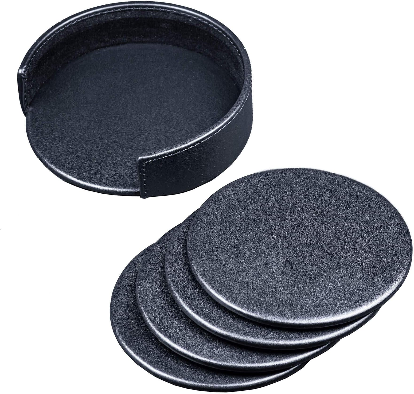 Amazon.com: Dacasso Black Leather 4-Round Coaster Set : Home & Kitchen