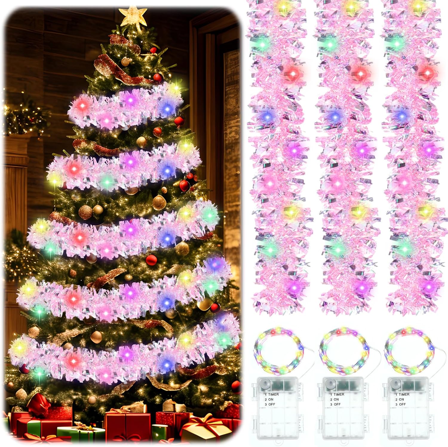 Amazon.com: Liliful 131ft Christmas Prelit Tinsel Garland Metallic ...