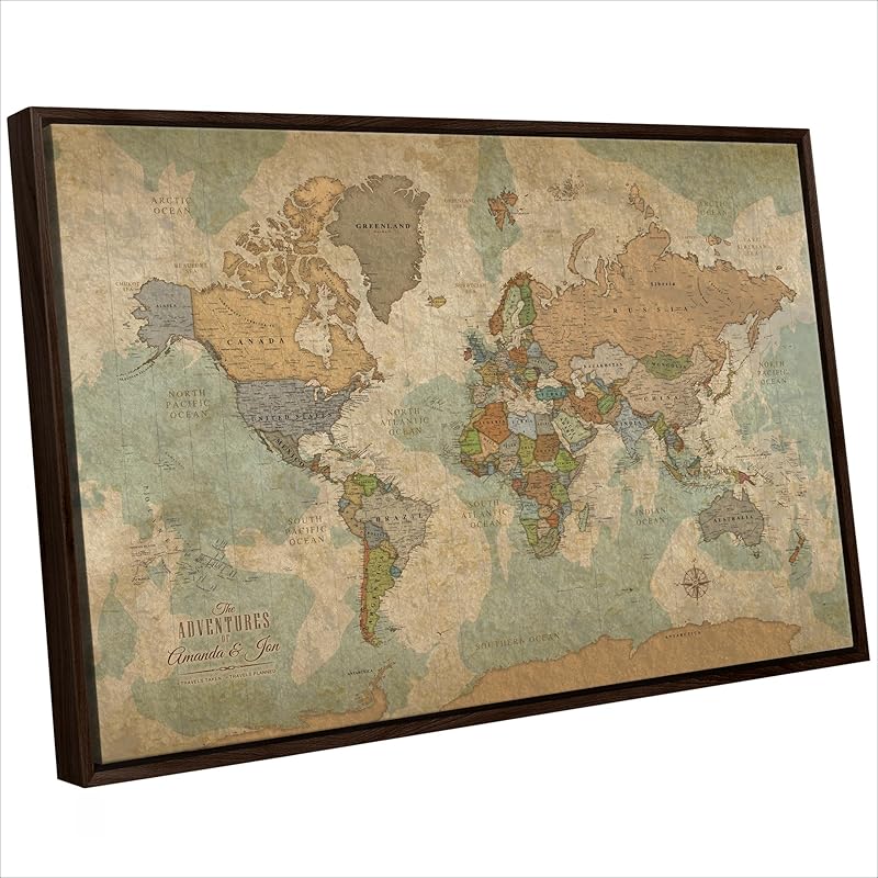 Amazon.com: Holy Cow Canvas Personalized Push Pin World Map on Canvas in Vintage Earth Tones ...