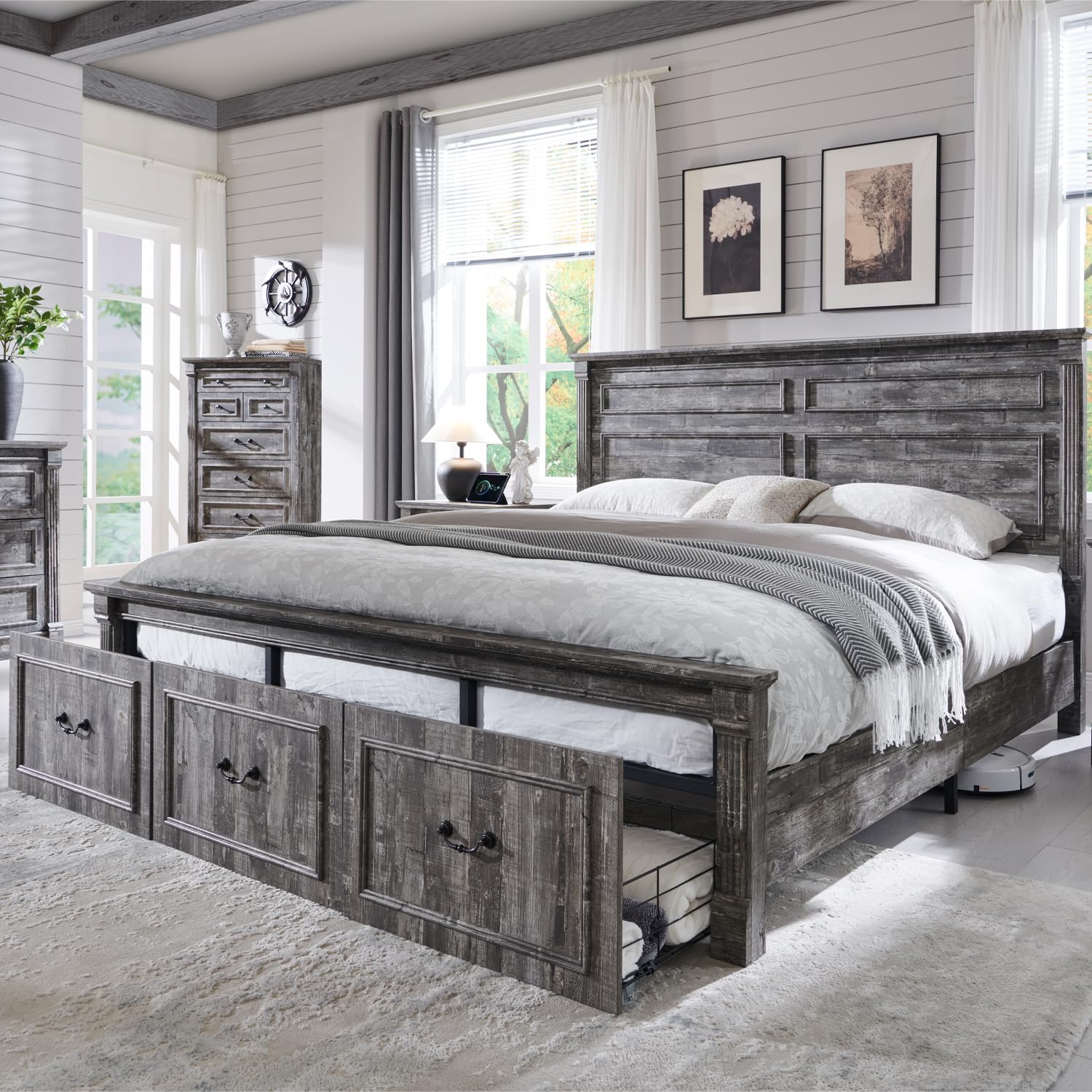 Amazon.com: Farmhouse King Size Bed Frame with Roman Column Decoration ...