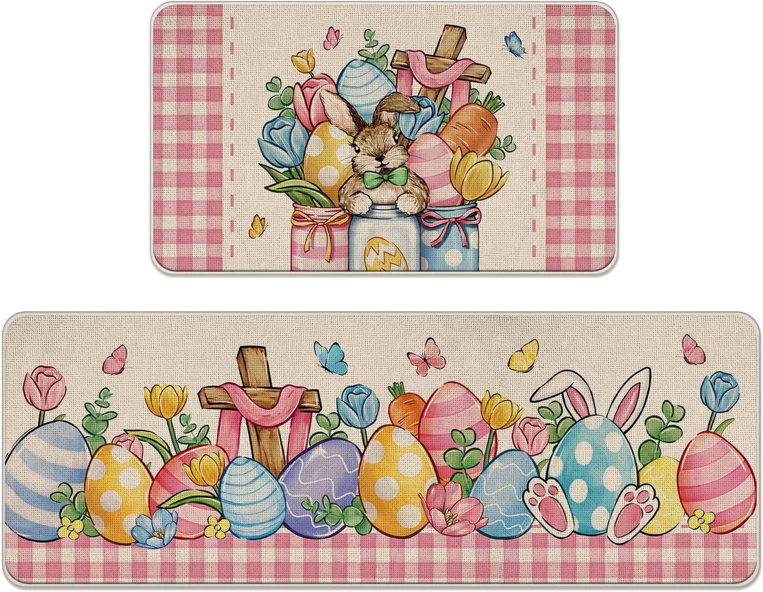 Amazon.com: Tailus Easter Eggs Kitchen Rugs Set of 2, Bunny Rabbit ...