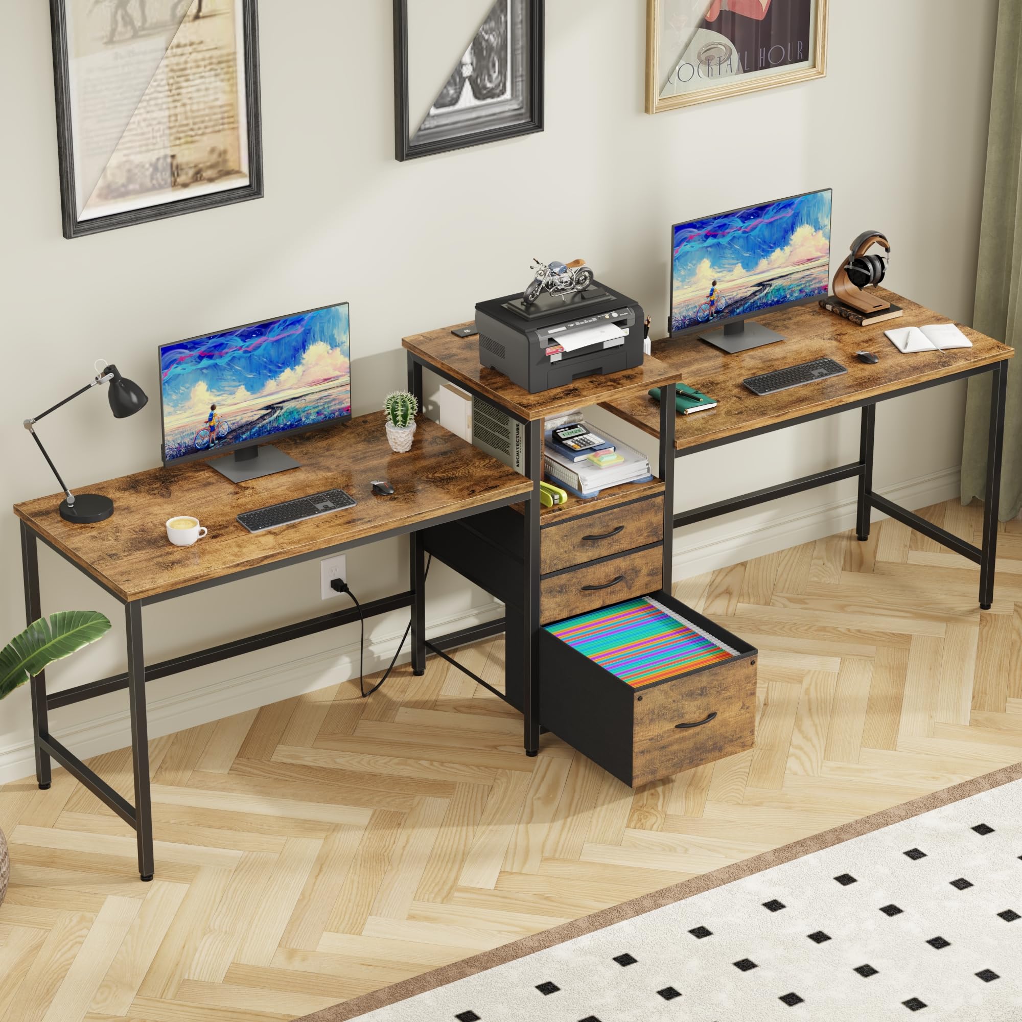 Amazon.com: GYIIYUO 93'' Two Person Desk with Charging Station, Long ...