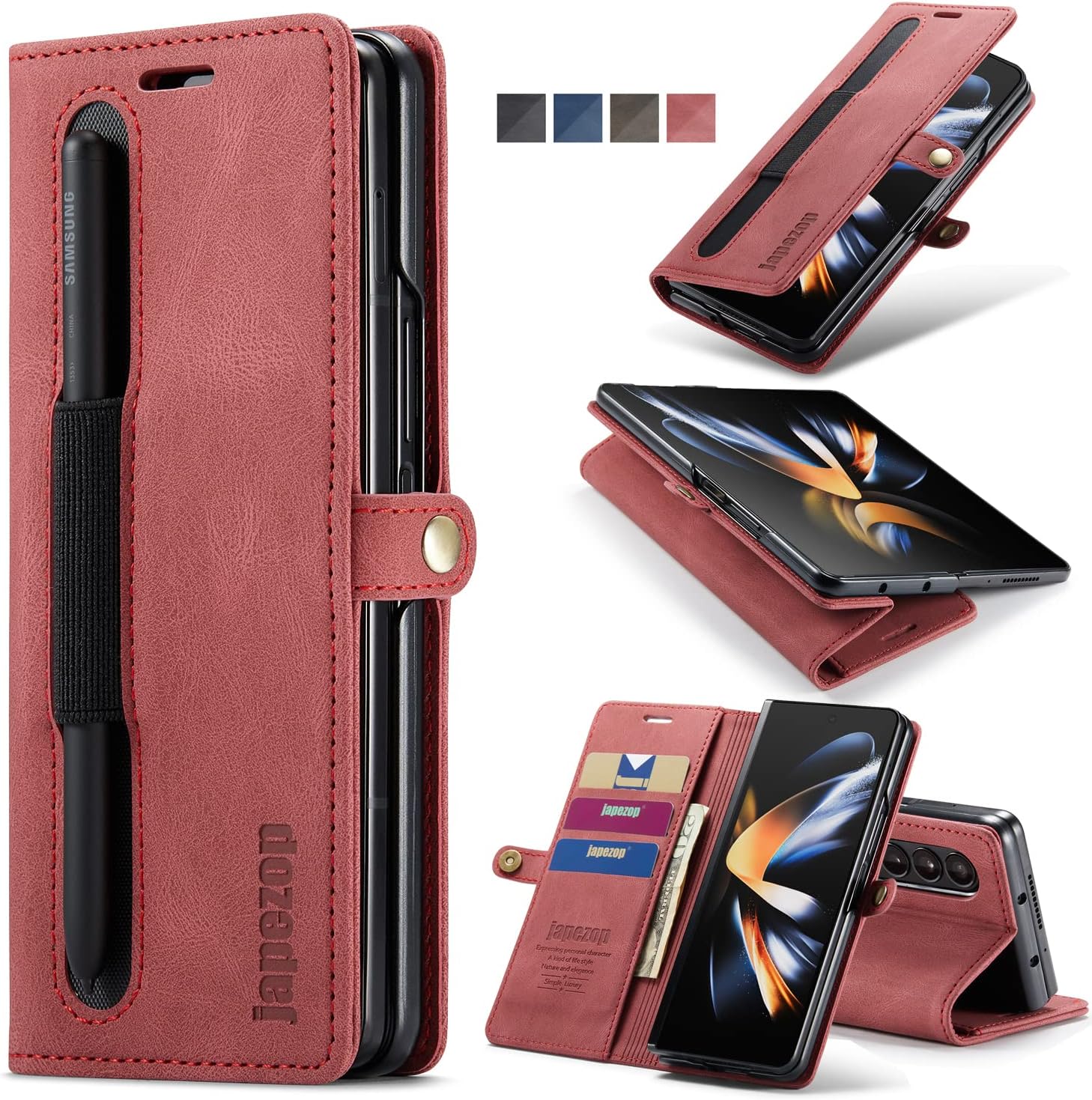 Amazon.com: Samsung Galaxy Z Fold 4 Leather Flip Case Wallet with S Pen ...