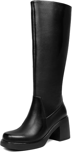 Amazon.com | HEIFIN Platform Knee High Boots Women Black Leather Tall ...