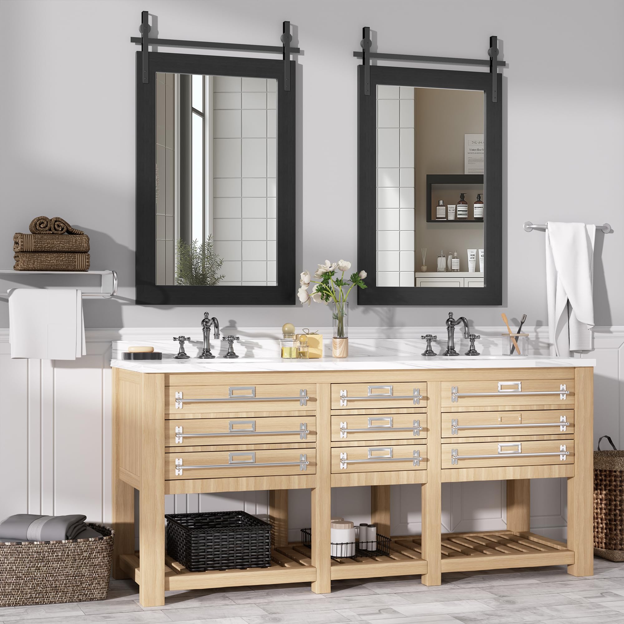 Snapklik.com : Farmhouse Bathroom Mirror, 24"x36" Rustic Wood Framed ...