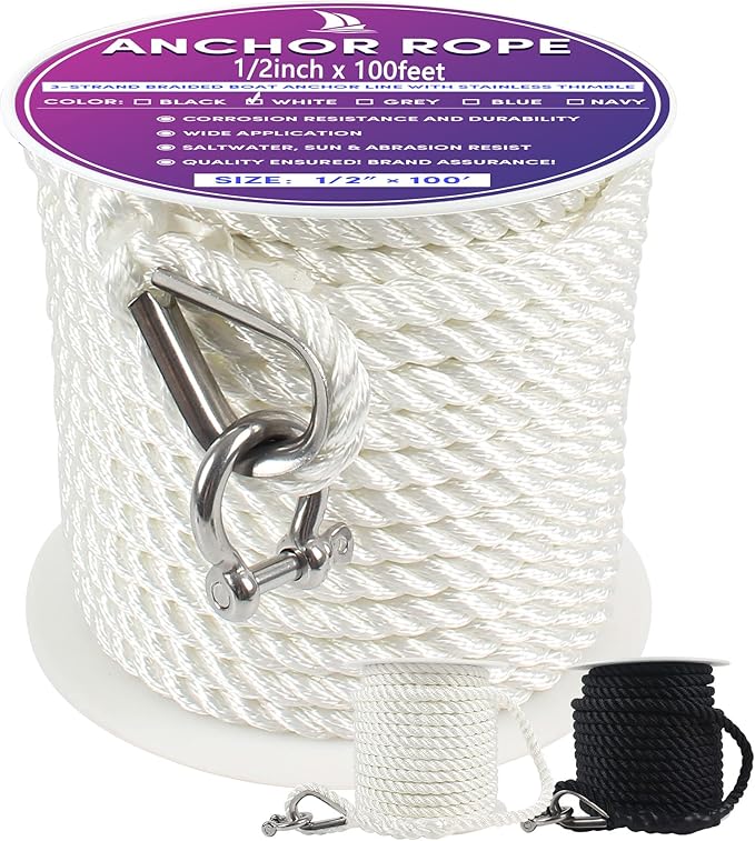 Amazon.com: Premium Anchor Rope 100 ft x 1/2 inch, 3 Strand Nylon ...