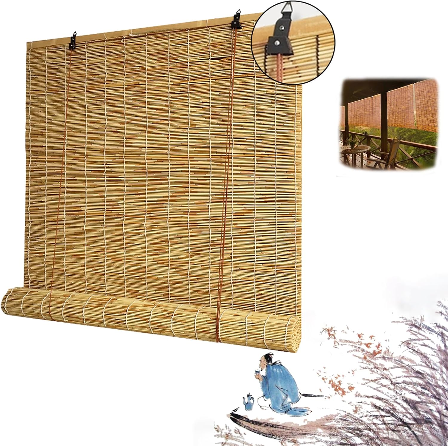 Amazon.com: Roller Shades, Retro Bamboo Roll Up Blinds, Waterproof Reed ...