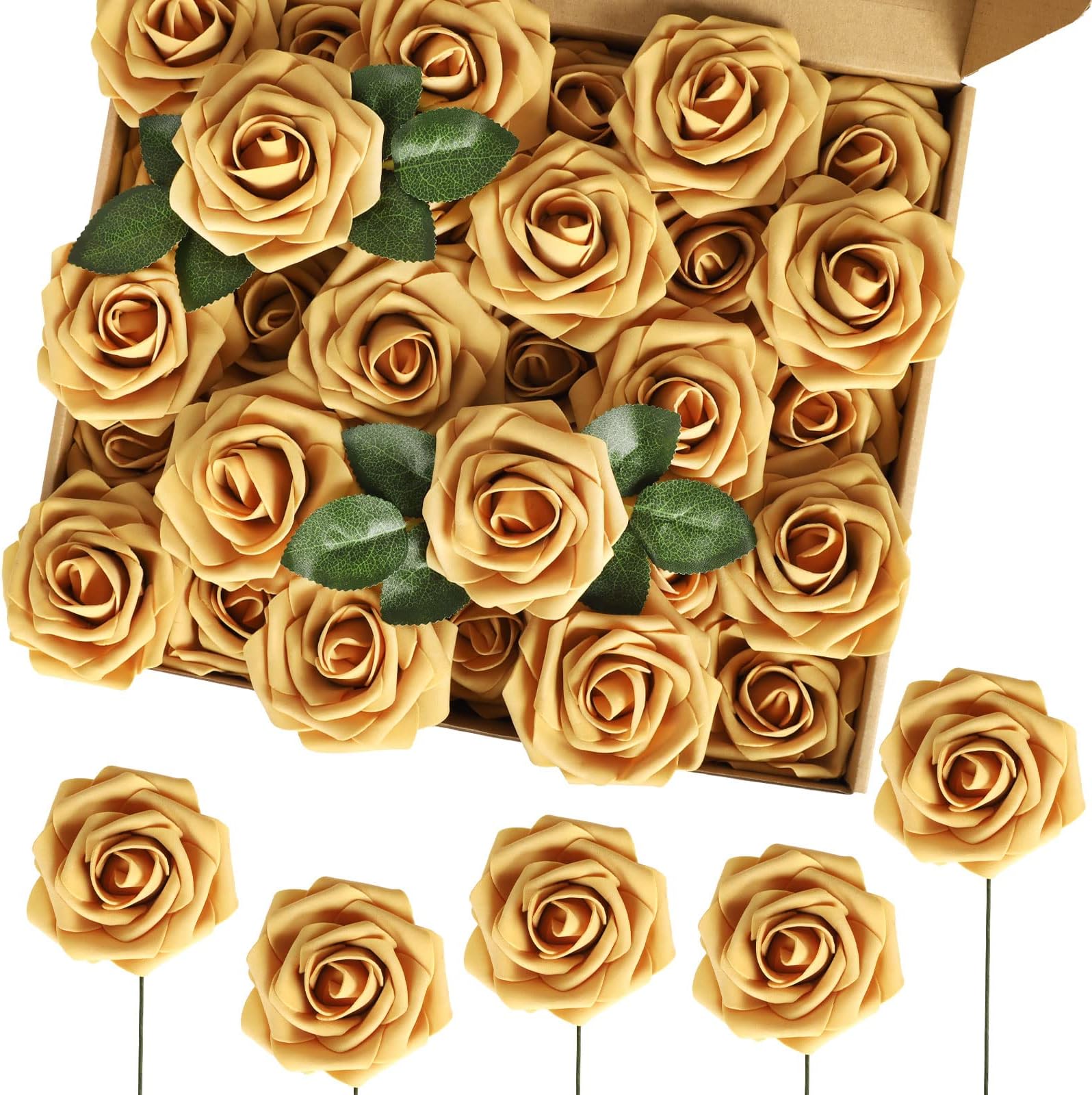 Amazon.com: Yzyil 30 Pack Artificial Gold Roses Flowers, Blossom Silk ...