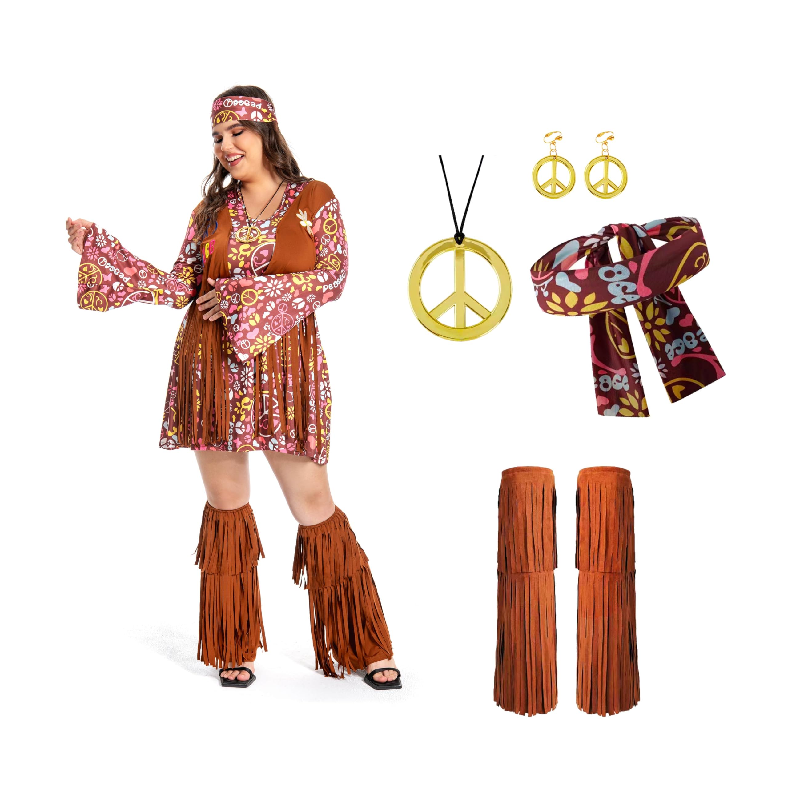 Amazon.com: Ideed Plus Size Hippie Costume Women 70s Dress 60s Gogo ...