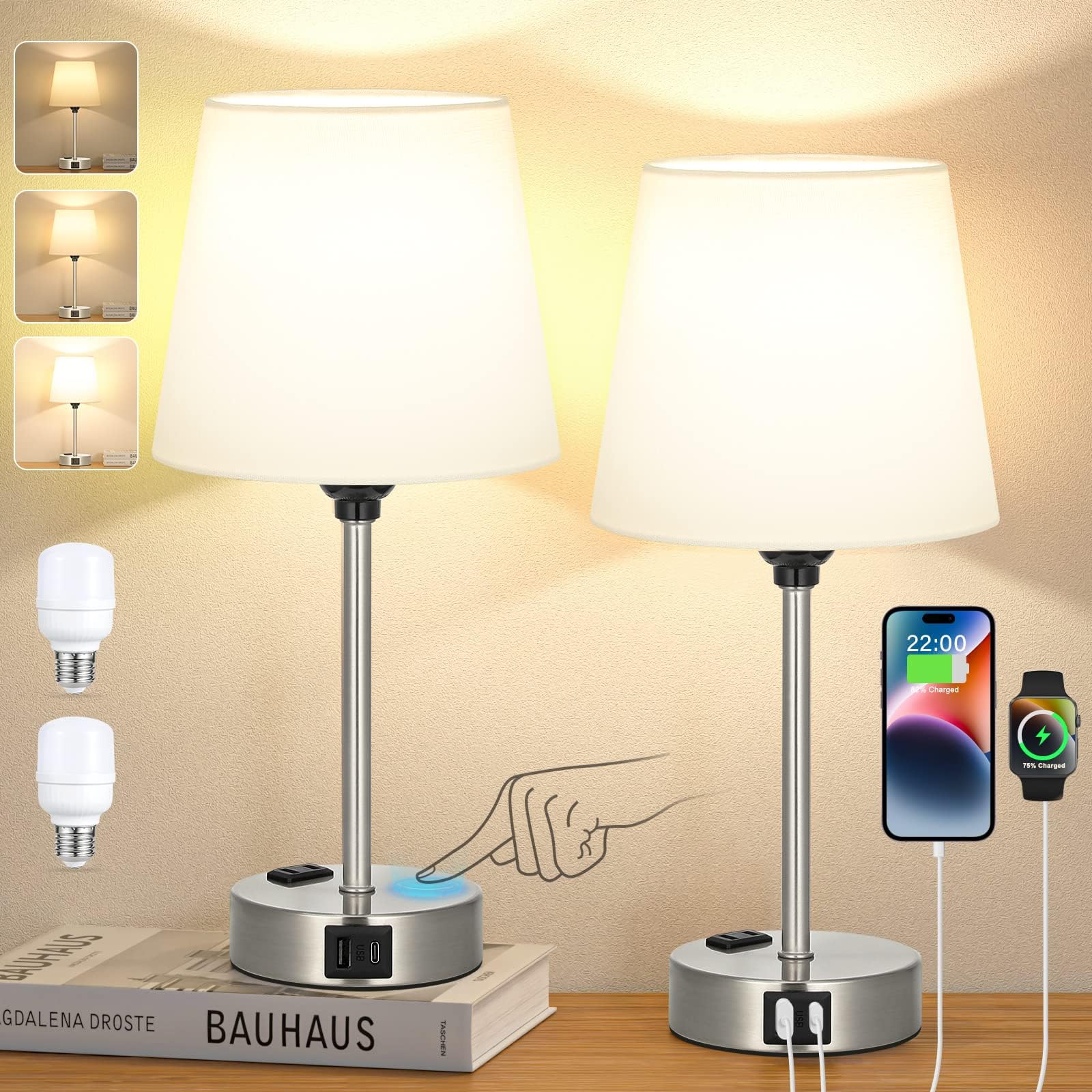 Amazon.com: ZEEFO Touch Control Table Lamp Built in Dual USB Ports & AC ...