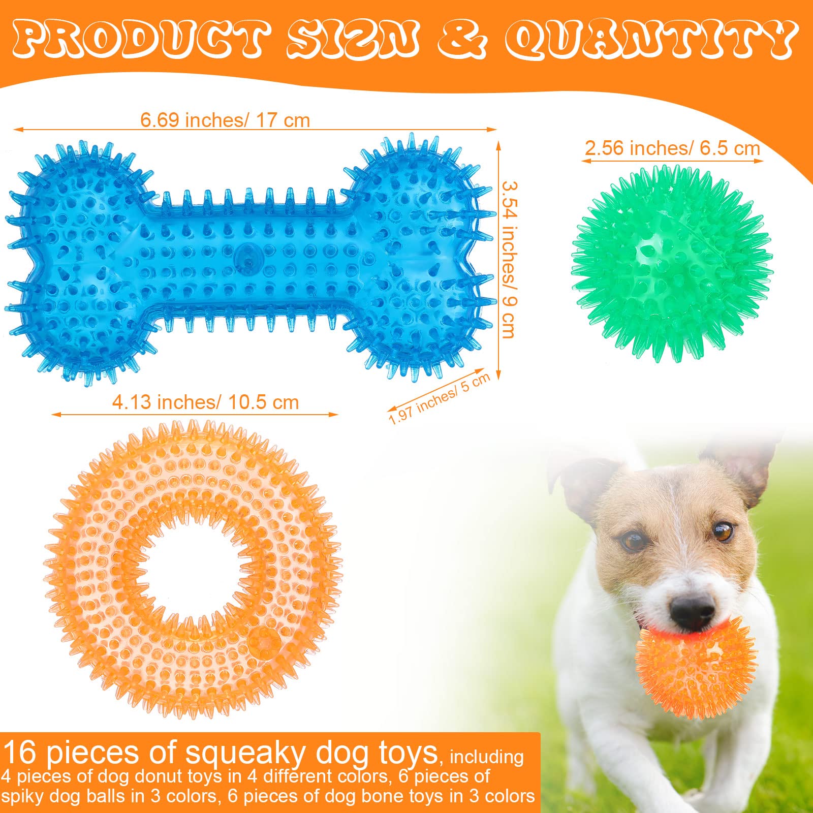 16 Pcs Dog Squeaky Toys Set Spikey Dog Chew Toys for Teething Squeaky ...