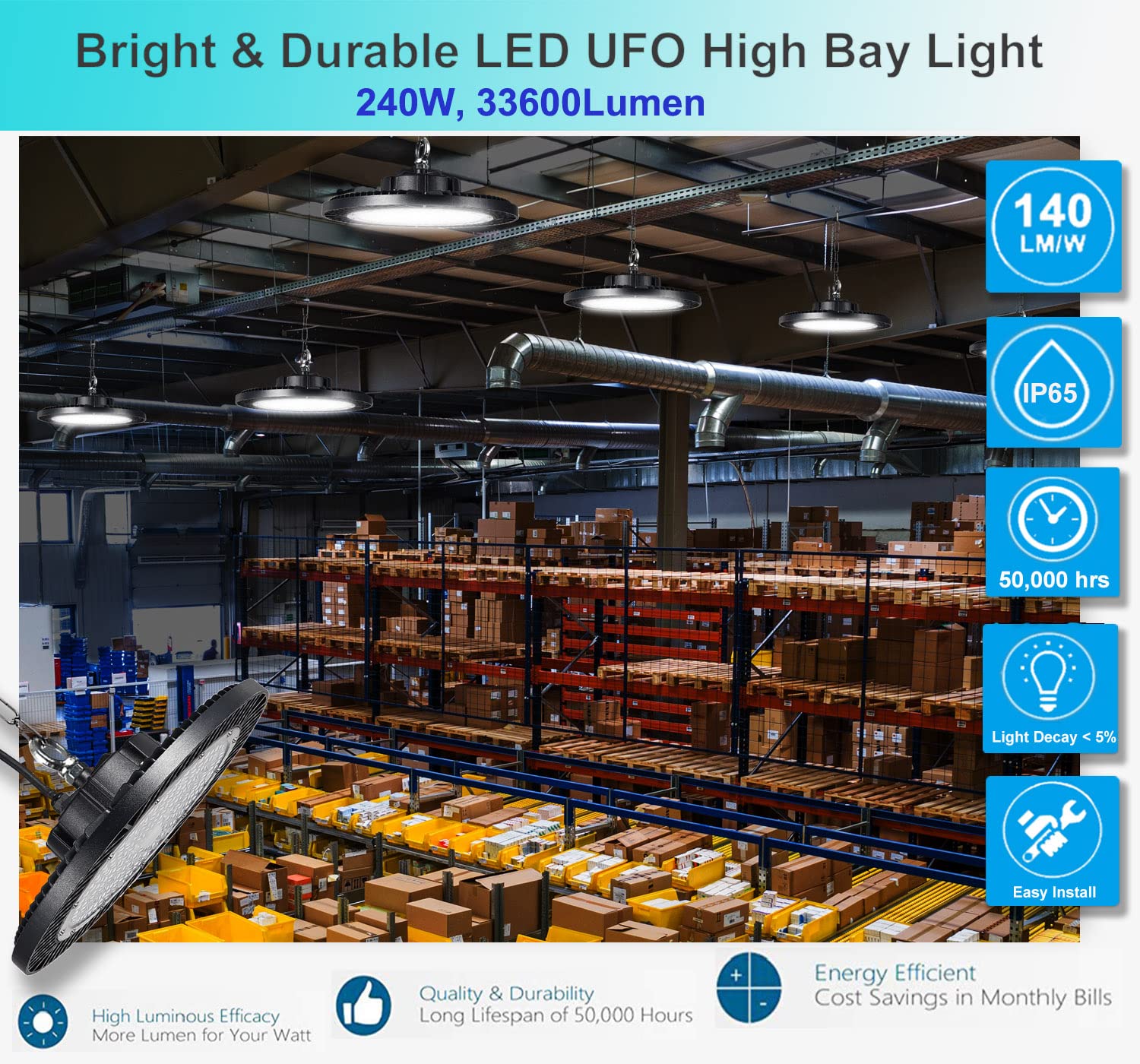 240W High Bay LED Light 6 Pack, 33600lm (Eqv.1000W HID/HPS) 100-277V ...