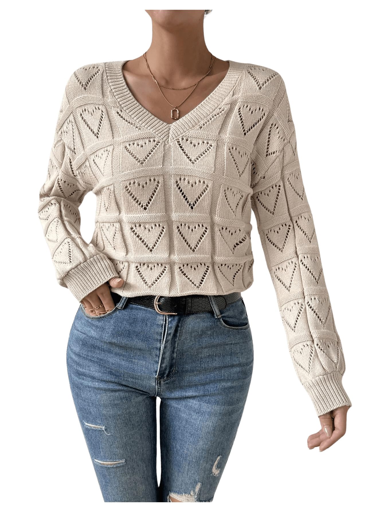 BEAUDRM Women's Heart Shaped Sweater Long Sleeve Hollow Out V Neck ...
