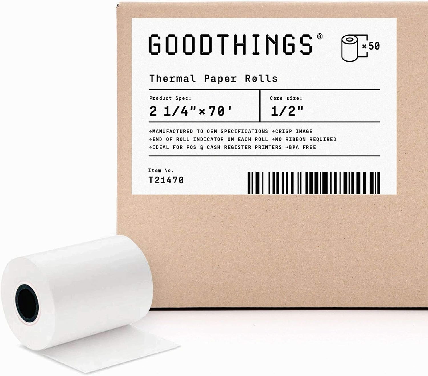 Amazon.com : 2 1/4 X 70' Thermal Receipt Paper Roll (50 Rolls) BPA Free ...