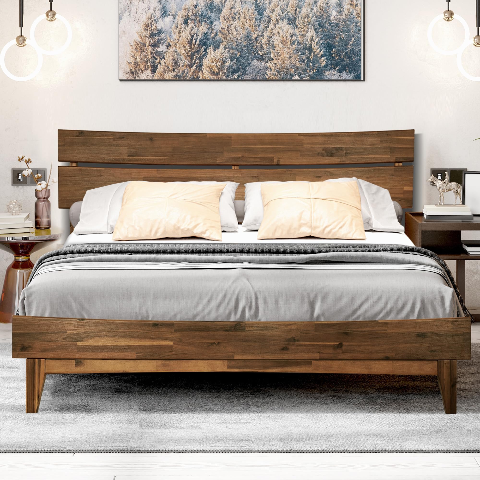 Amazon.com: Acacia Aurora Solid Wood Platform Bed with Headboard, Wood ...