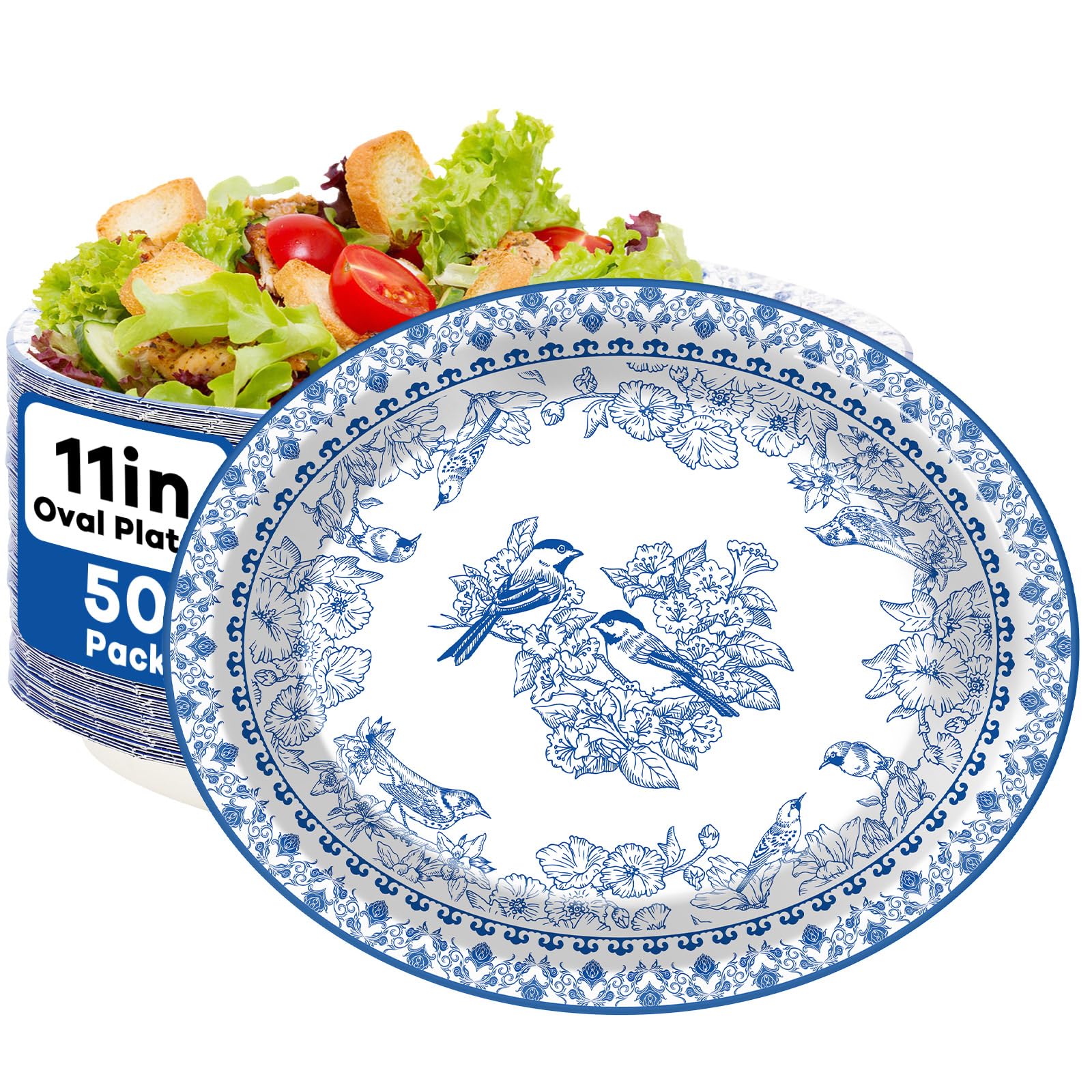 Amazon.com: 50 PCS Blue Floral Oval Paper Plates Blue & White Floral ...