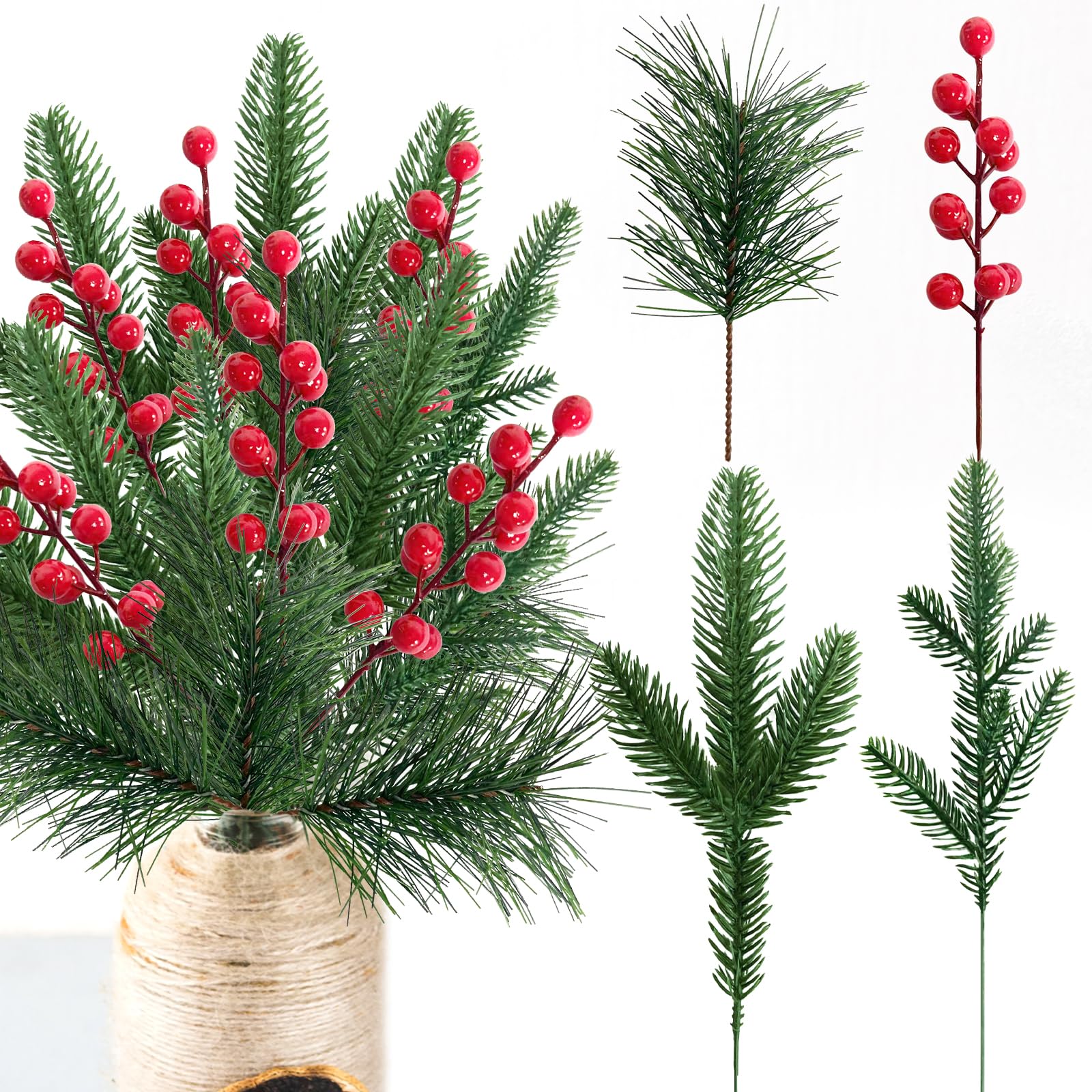 Amazon.com: 24 Pcs Christmas Artificial Pine Picks and Red Berry Stems ...