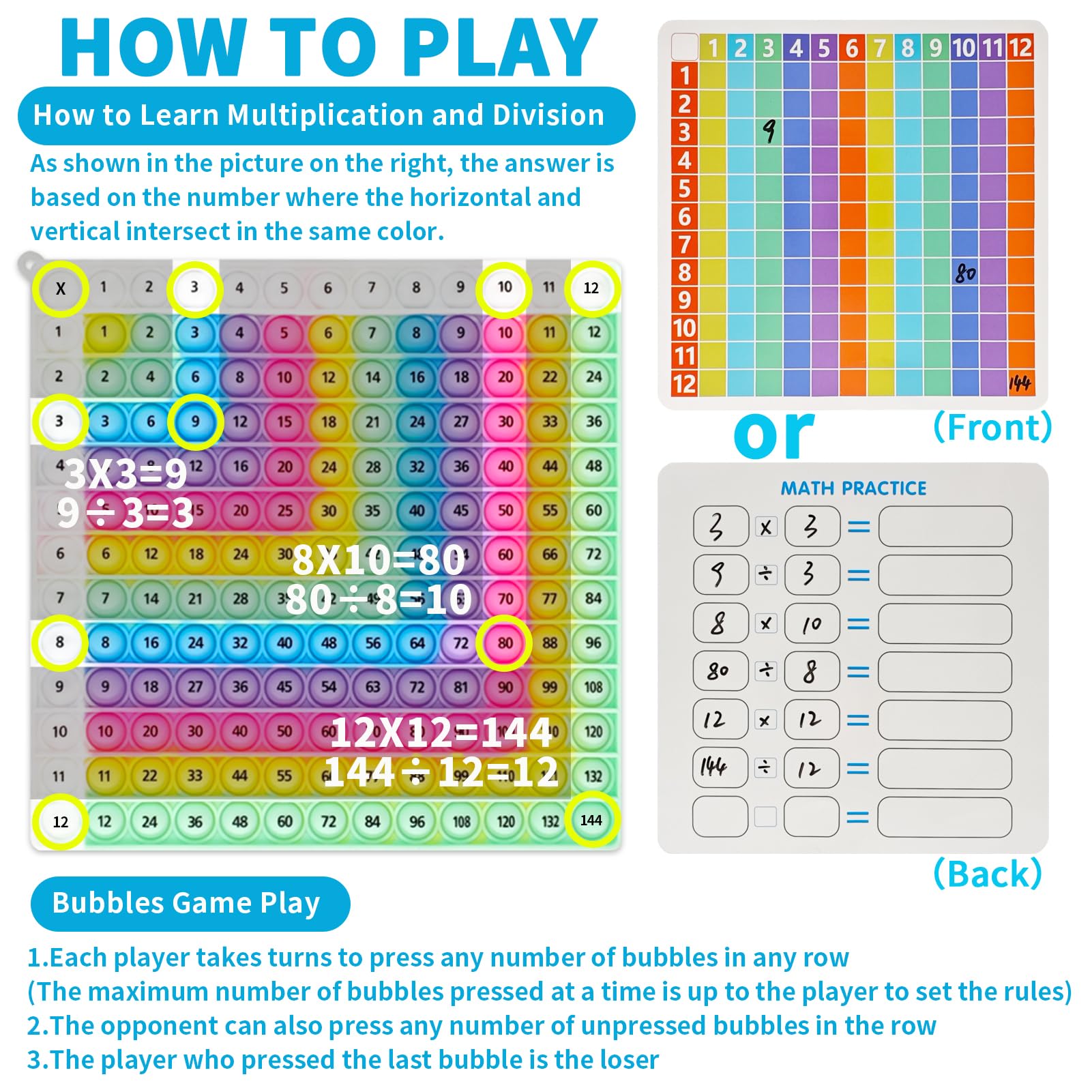 Educational Fidget Toy Multiplication Chart Pop It - 12x12 Times Table ...