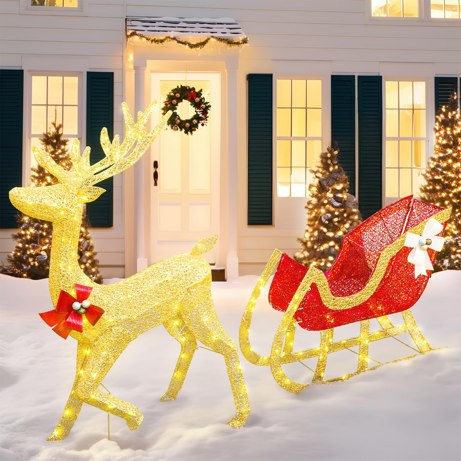 Amazon.com: MIERES 4 FT Lighted Reindeer Sleigh Christmas Decorations ...