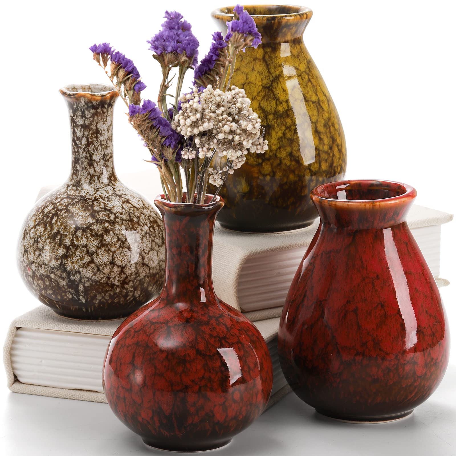 Okllen Set of 4 Ceramic Flower Vases, Reactive Glazed Color Small ...