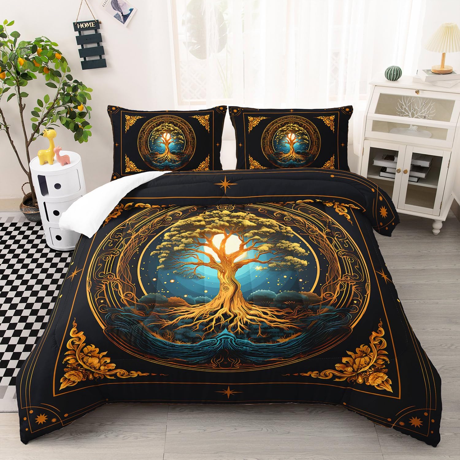 Amazon.com: AILONEN Tree of Life Comforter Set Queen Size, Retro Golden ...