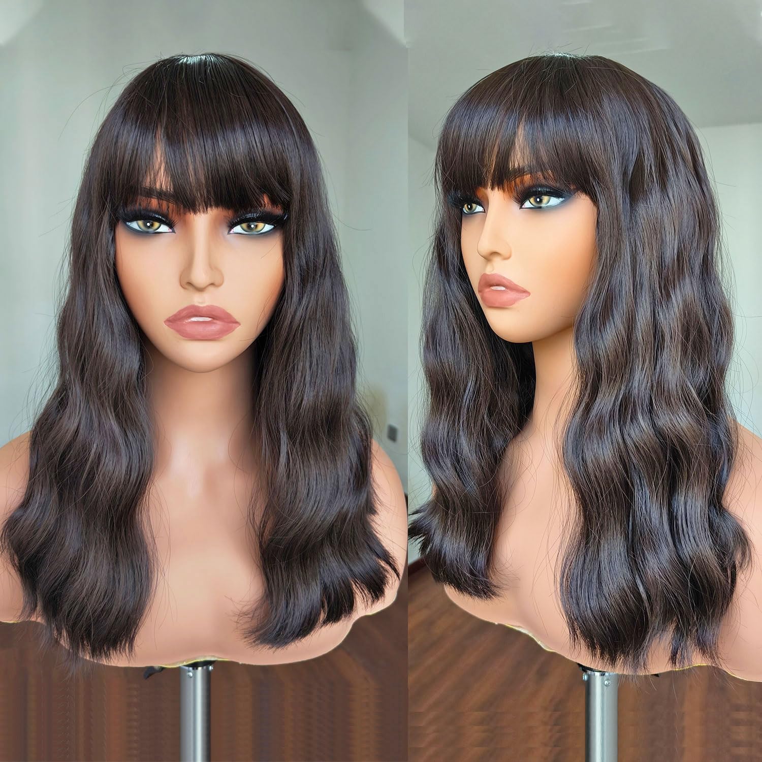 Amazon.com : curldiva Brown Wavy Bob Wigs with Bangs 16inch Natural ...